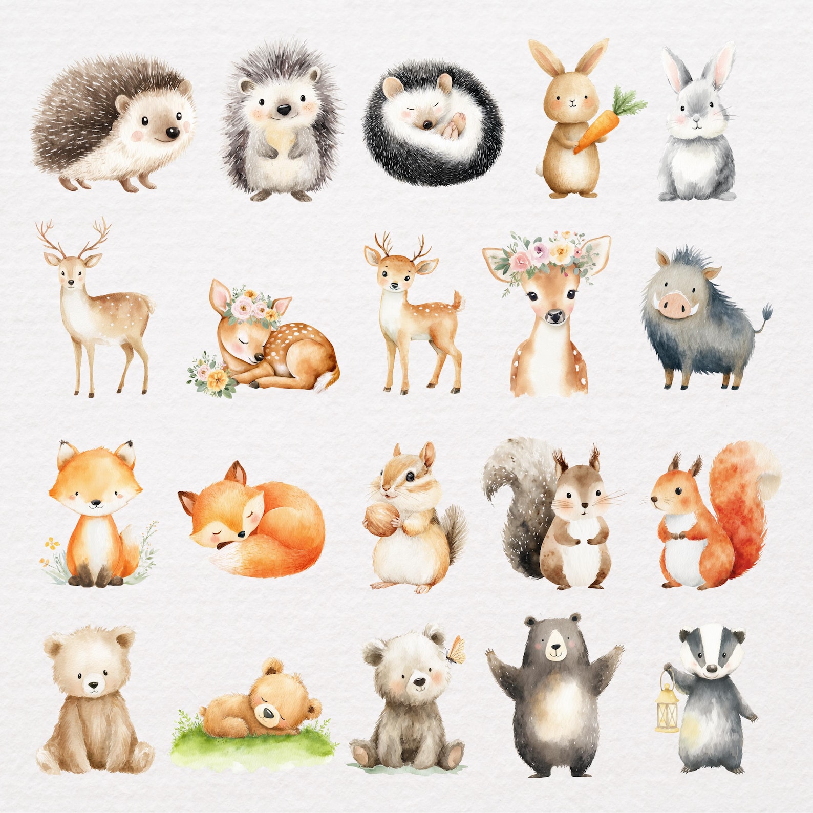 Watercolor Woodland Clipart Bundle Cute Forest Animal PNG Nursery ...