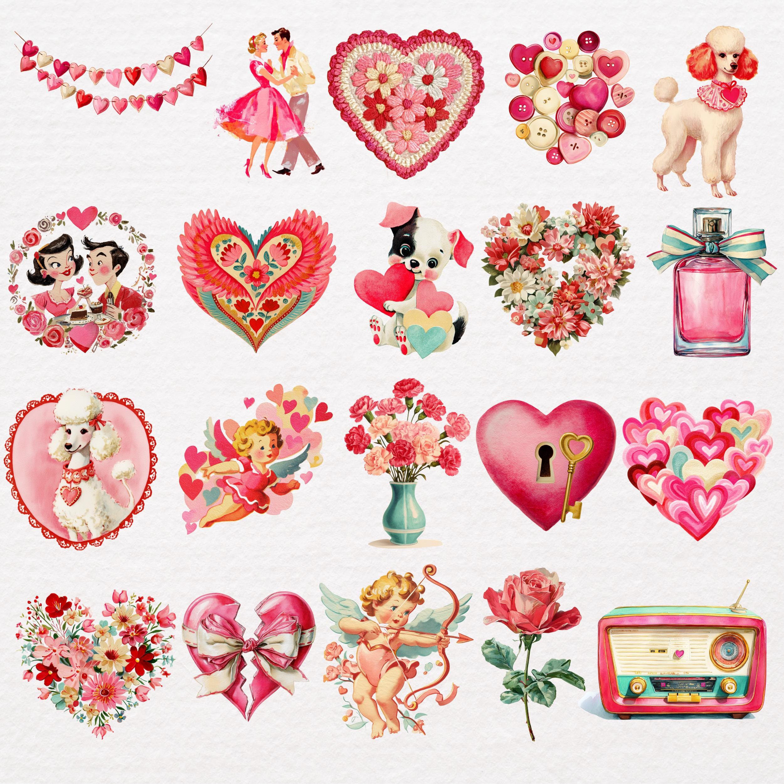 Vintage Retro Valentine’s Watercolor Clipart Bundle 100 1950s 1960s ...