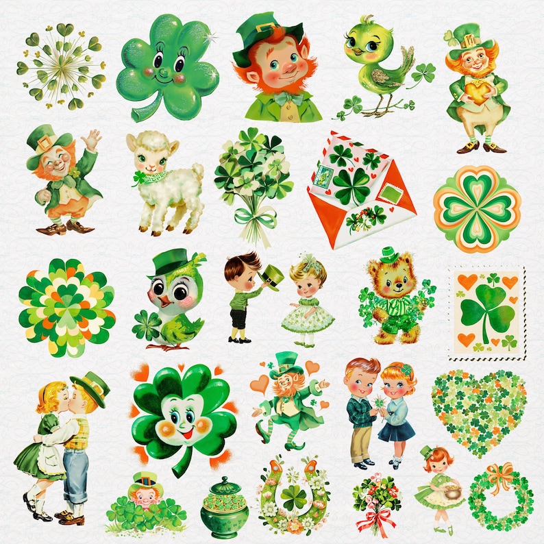 Vintage Retro St Patrick’s Day Clipart Bundle, 120 Pngs, Shamrock ...