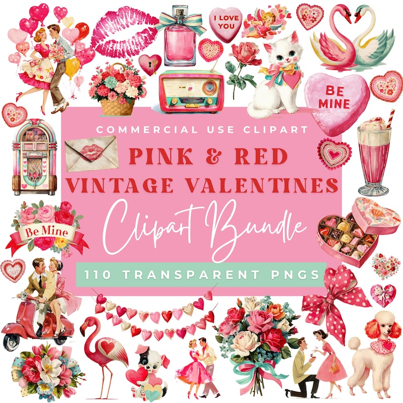 Vintage Retro Valentine’s Watercolor Clipart Bundle 100 1950s 1960s ...