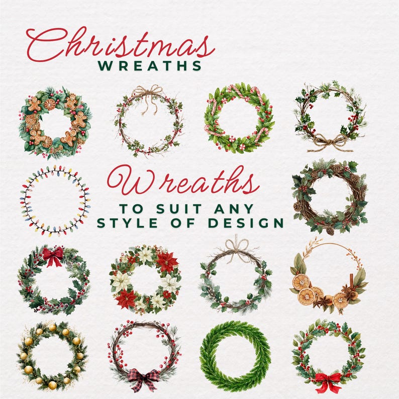 85 Christmas Wreath Garland Clipart, Watercolor Festive Christmas ...