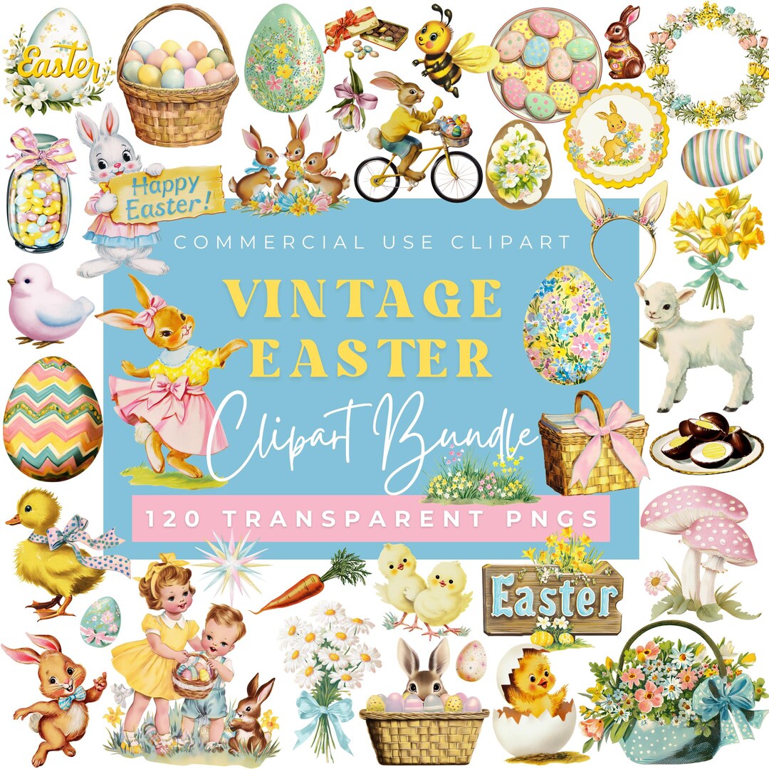 Vintage Easter Clipart Bundle, Easter Bunny PNG, Spring Floral Eggs ...
