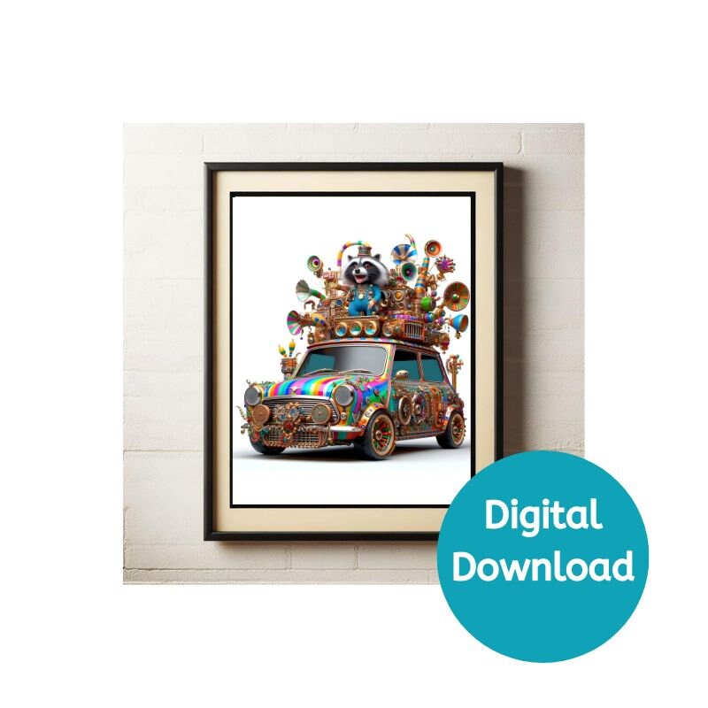 Colorful Raccoon Mini Cooper Poster, Wall Art, Wall Decor, Downloadable ...