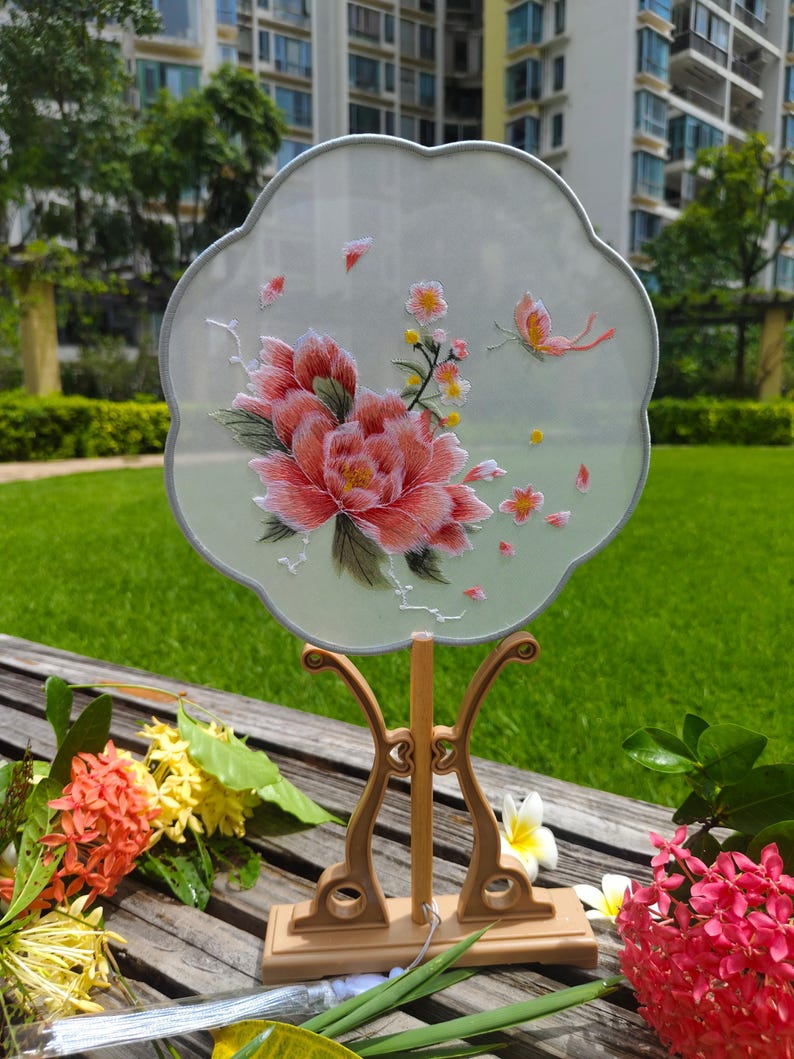 Handmade Silk Embroidery Fan: Double-sided Peony, Oriental Decor - Etsy