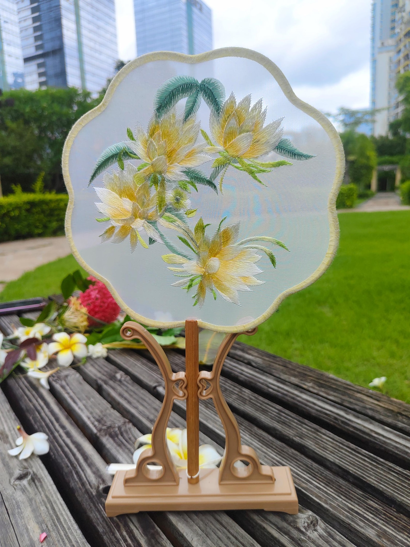 Handmade Silk Embroidery Fan: Double-sided Peony, Oriental Decor - Etsy
