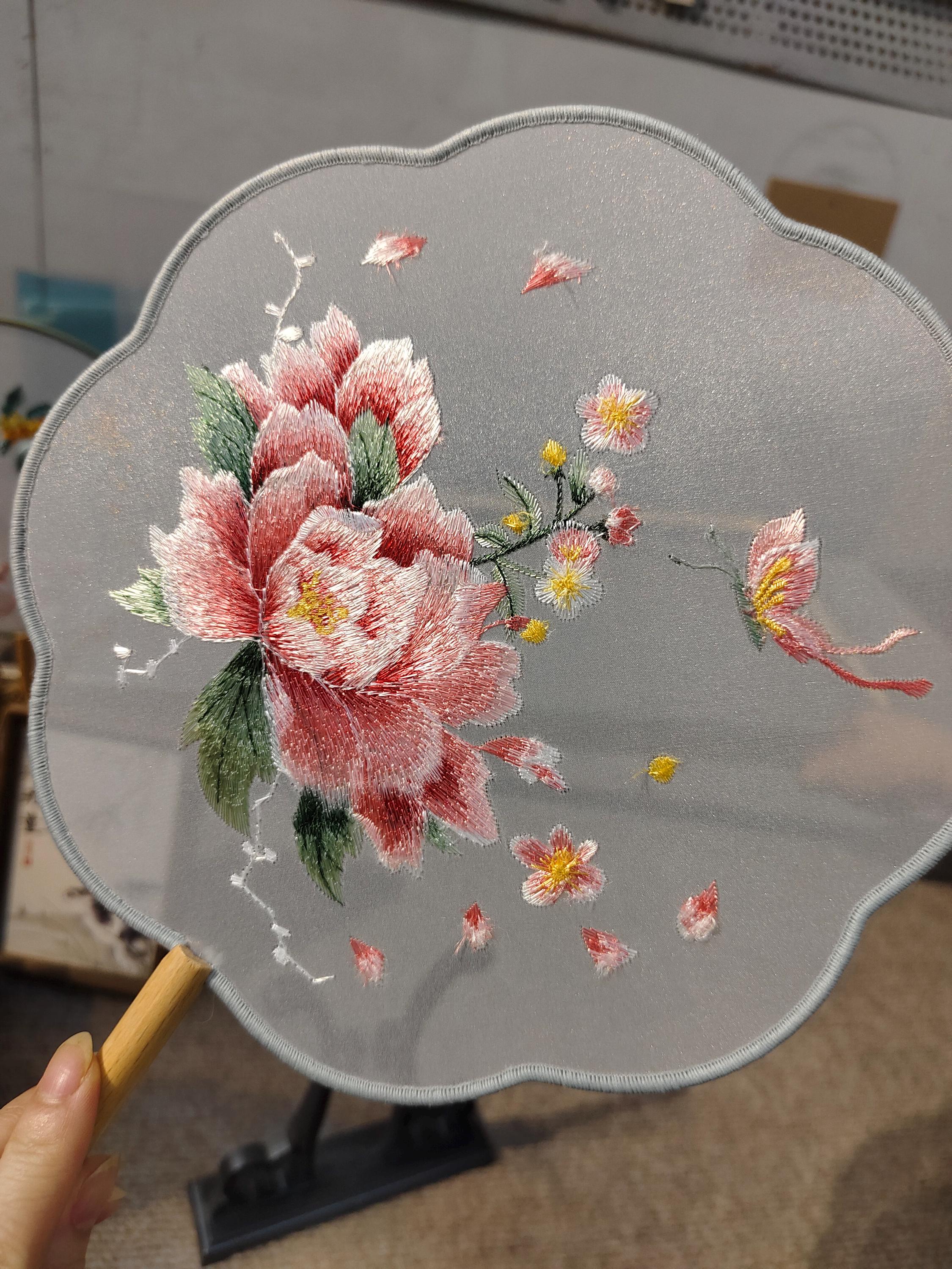 Handmade Silk Embroidery Fan: Double-sided Peony, Oriental Decor - Etsy