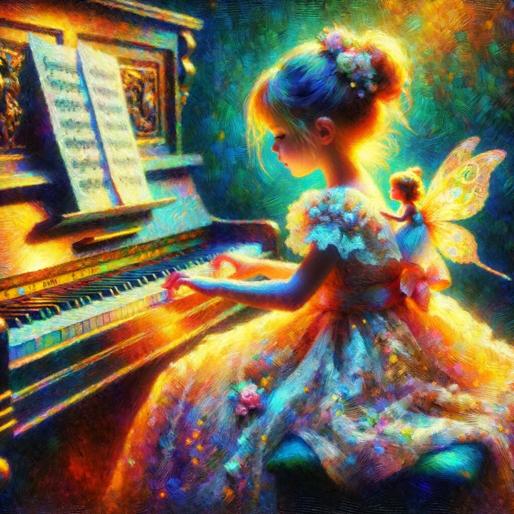 Art Print of a Little Girl Playing the Piano With a Fairy on Her Back ...