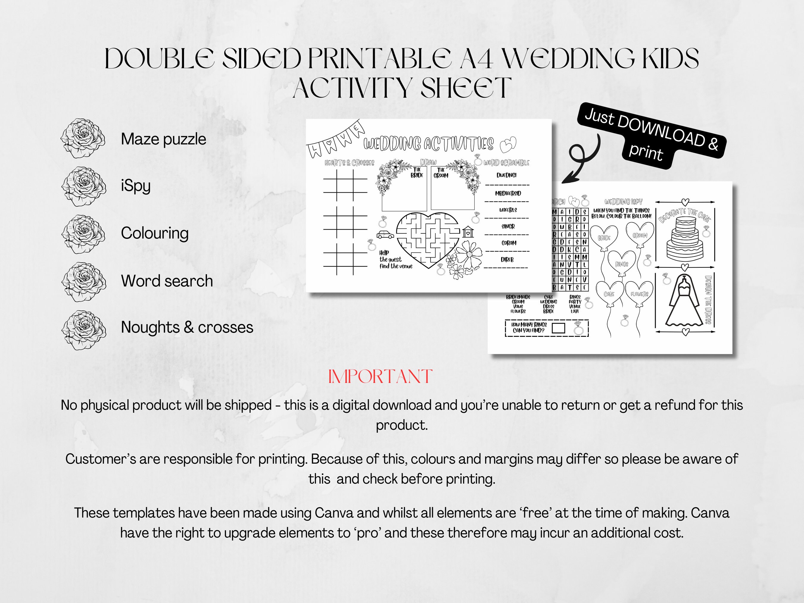 Printable Wedding Colouring Placemat, Kids Wedding Activity Sheet ...
