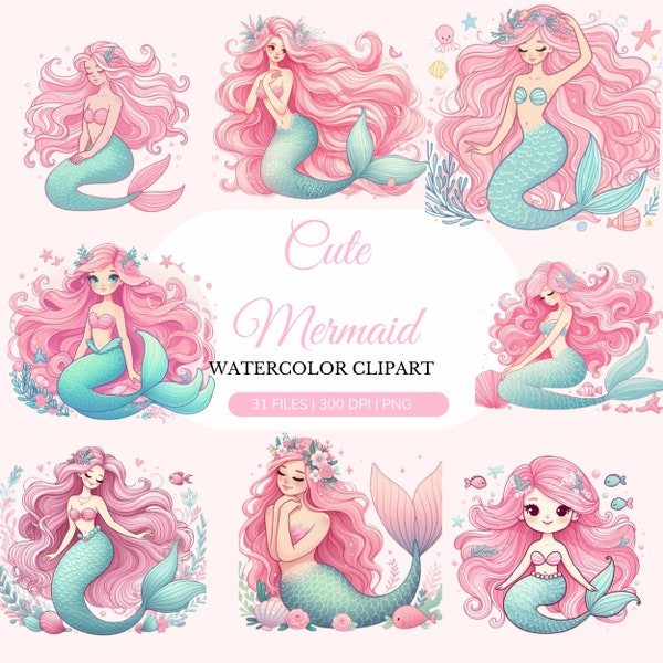 Mermaid Clipart Bundle Watercolor Cute Mermaid Clipart Png Little Mermaid Clipart Pink Mermaid ...