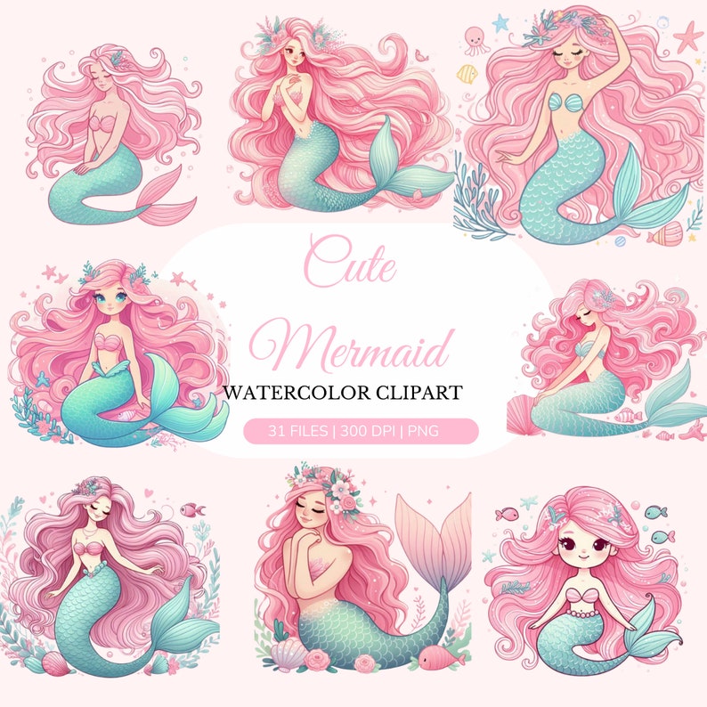 Mermaid Clipart Bundle | Watercolor Cute Mermaid Clipart Png | Little ...