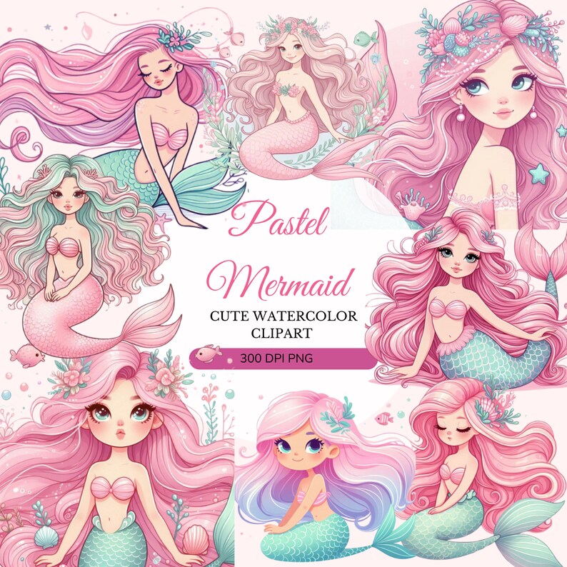 Mermaid Clipart Bundle | Watercolor Cute Mermaid Clipart Png | Little ...