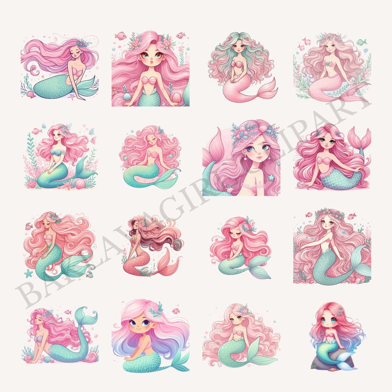 Mermaid Clipart Bundle | Watercolor Cute Mermaid Clipart Png | Little ...