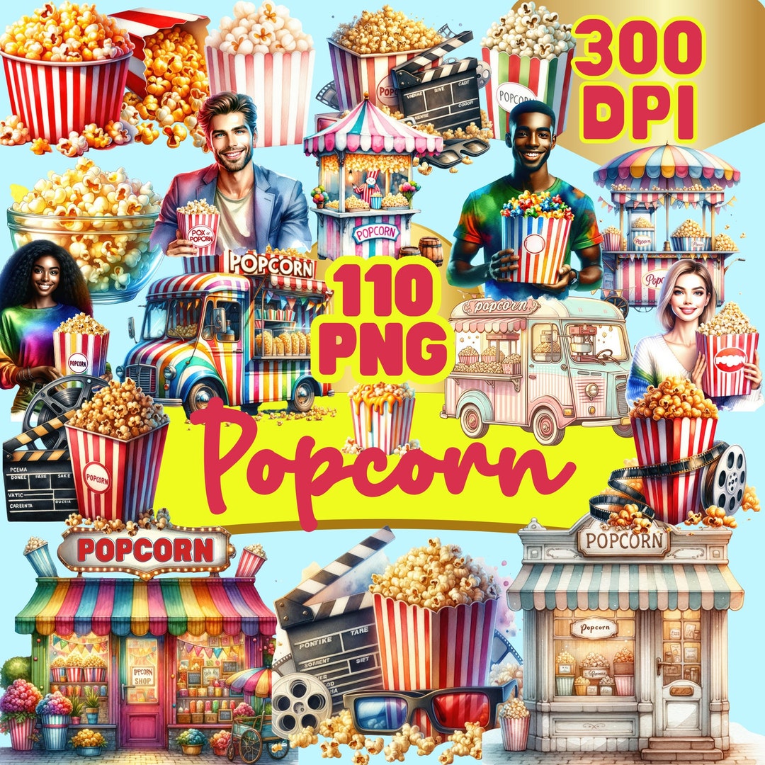 Watercolor Popcorn Clipart, 110PNG Popcorn Bowl Clip Art, Popcorn Shop ...