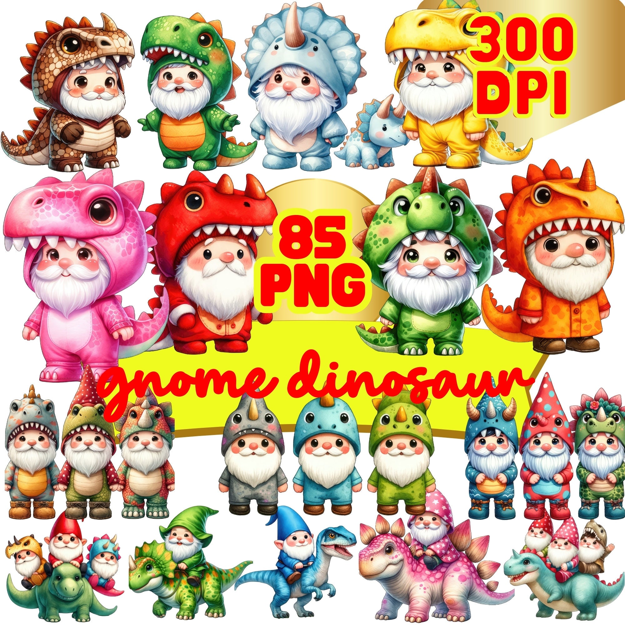 Watercolor Dinosaur Gnome Clipart, Cute Gnome ,gnome Riding T-rex PNG ...