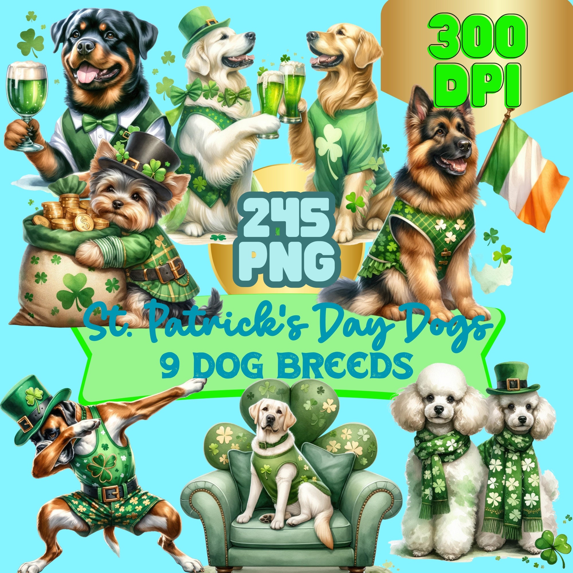 Watercolor St. Patrick's Day Dogs Clipart 245PNG 9 Dog Breeds, St ...