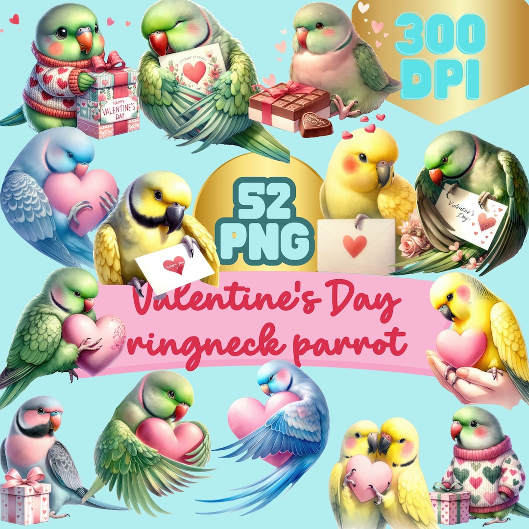 52watercolor Birds Clipart Cute Lovebirds Valentine's Day Ringneck ...