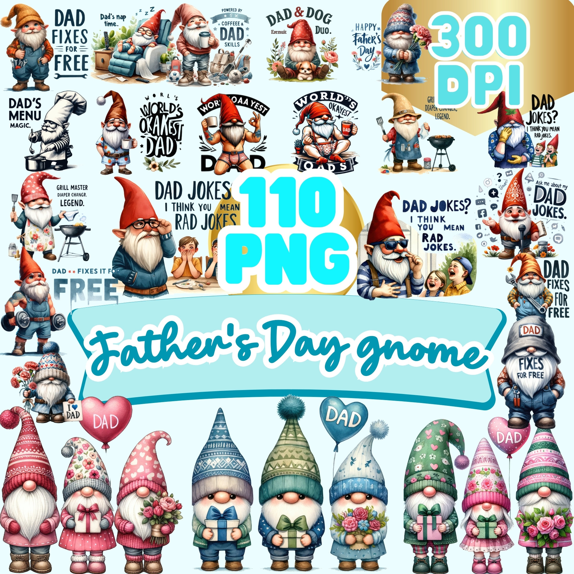 Watercolor Father's Day Gnomes110 PNG Clipart Bundle , Gnome Cute ...