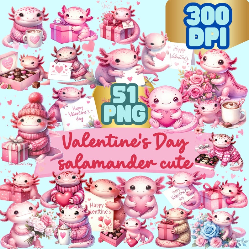 Cute Axolotls Bundle Sublimation 51PNG/51JPG, Axolotl Pink Valentine's ...