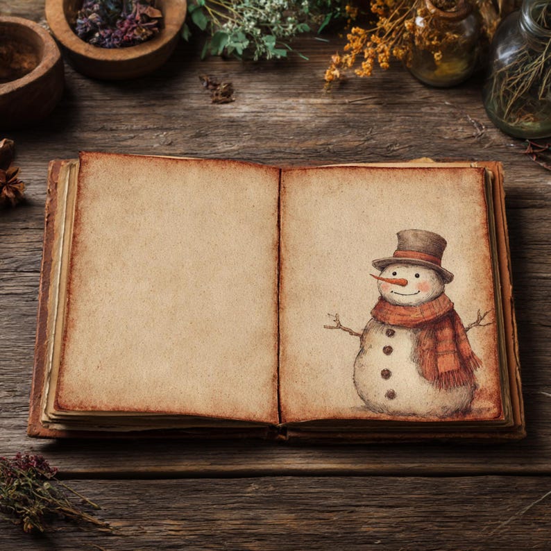 Rustic Christmas Journal Pages, Folk Art Snowman, Santa (digital ...