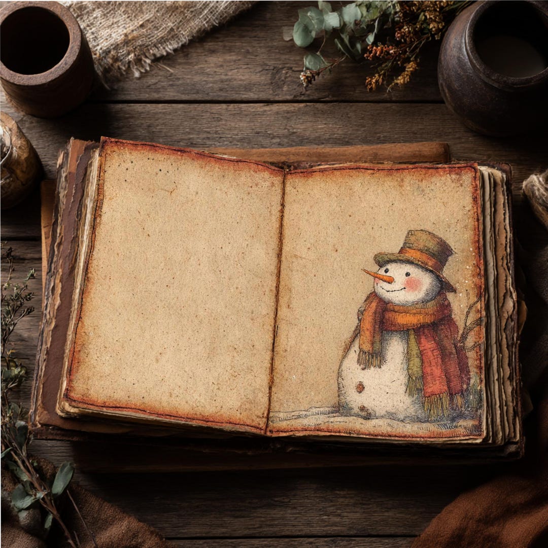 Rustic Christmas Journal Pages, Folk Art Snowman, Santa (digital ...