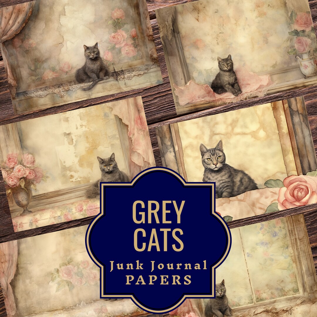 Grey Cats Junk Journal Pages - Cat Double Pages - Vintage Junk Journal ...