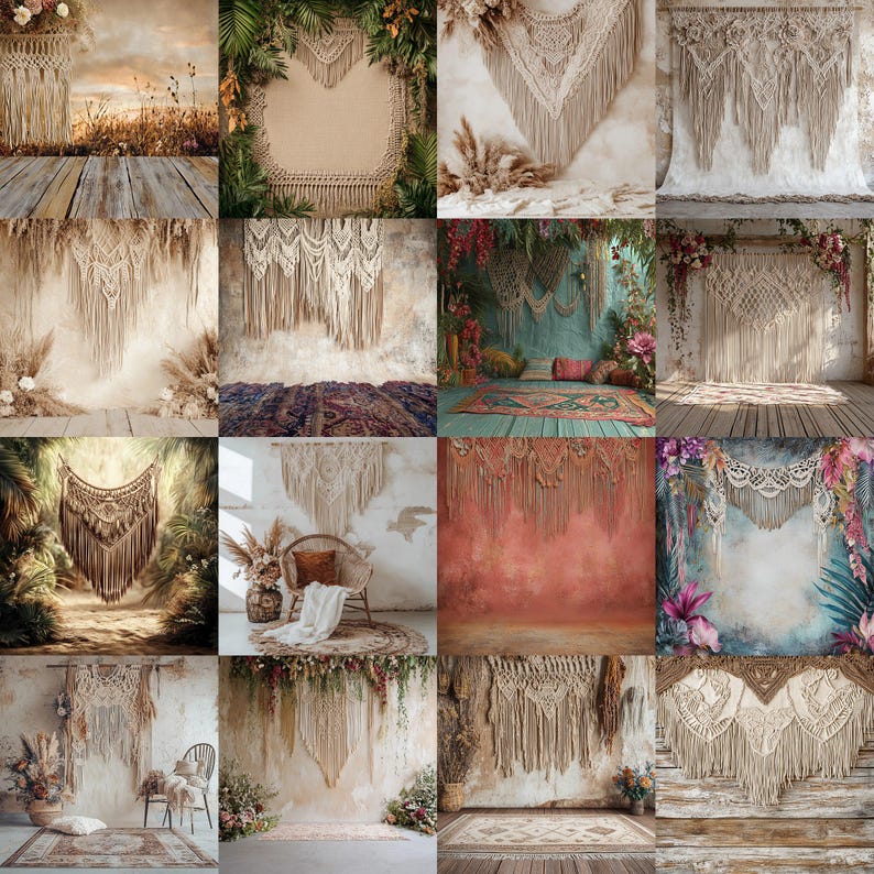 17 Boho Chic Backdrops | Macrame & Floral Rustic Digital Backgrounds ...