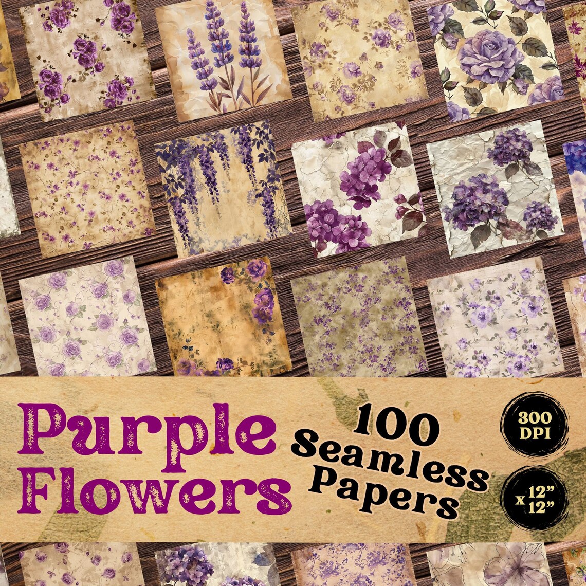 100 Purple Floral Seamless Papers Seamless Flower Patterned Papers Junk Journal, Floral ...