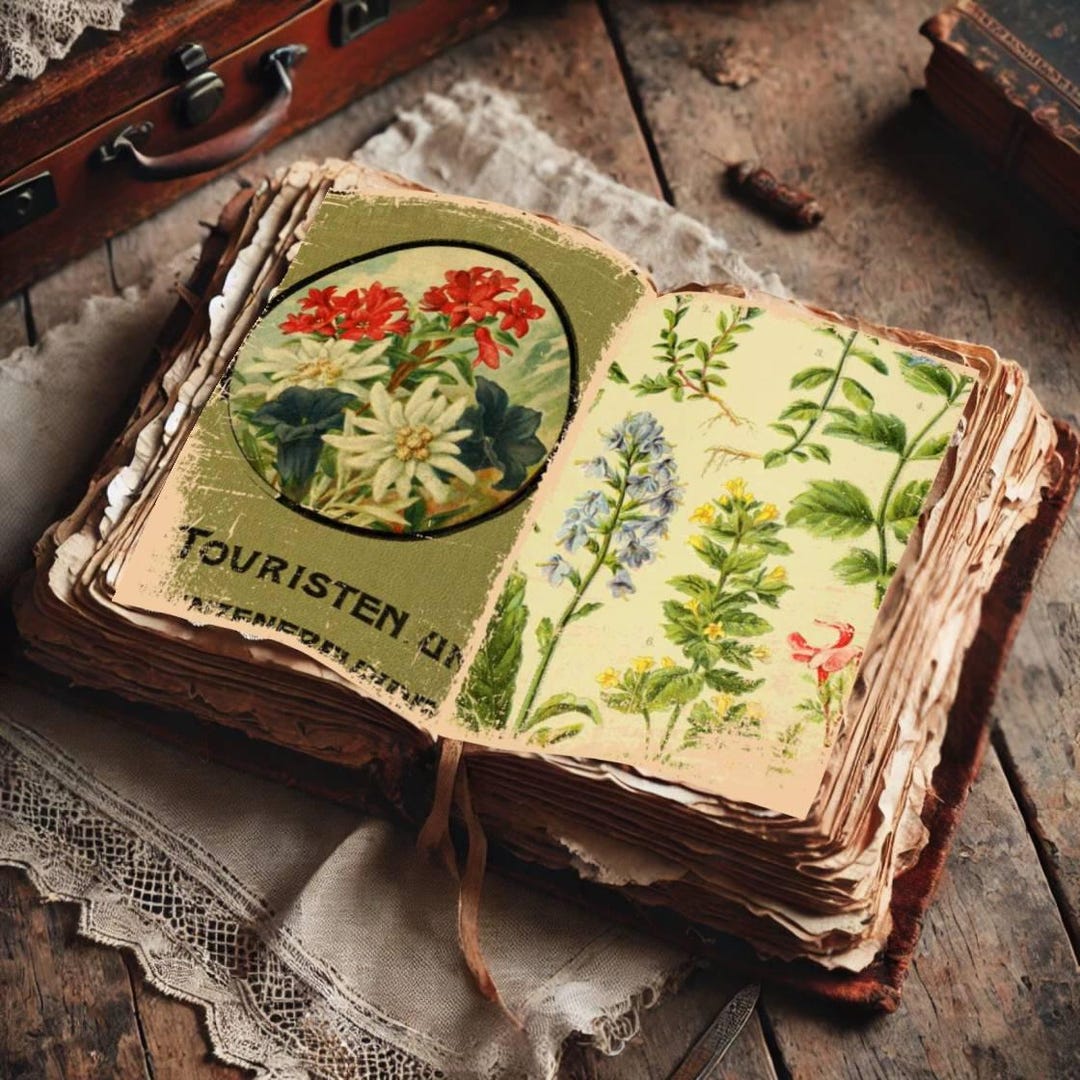 Vintage Botanical Journal Digital Paper, Antique Nature Scrapbook Pages ...