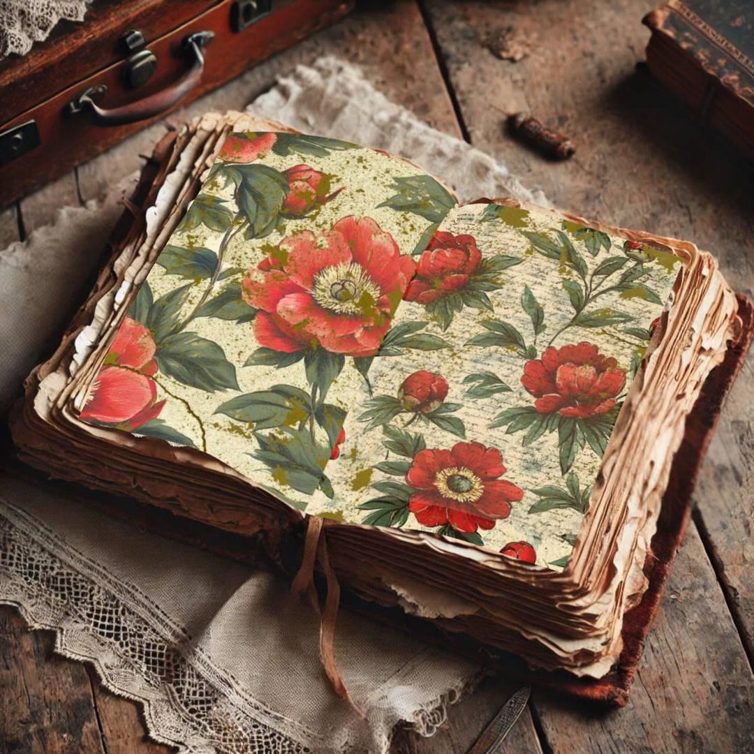 Vintage Floral Digital Paper Pack: Red Rose Antique Ephemera for Junk ...
