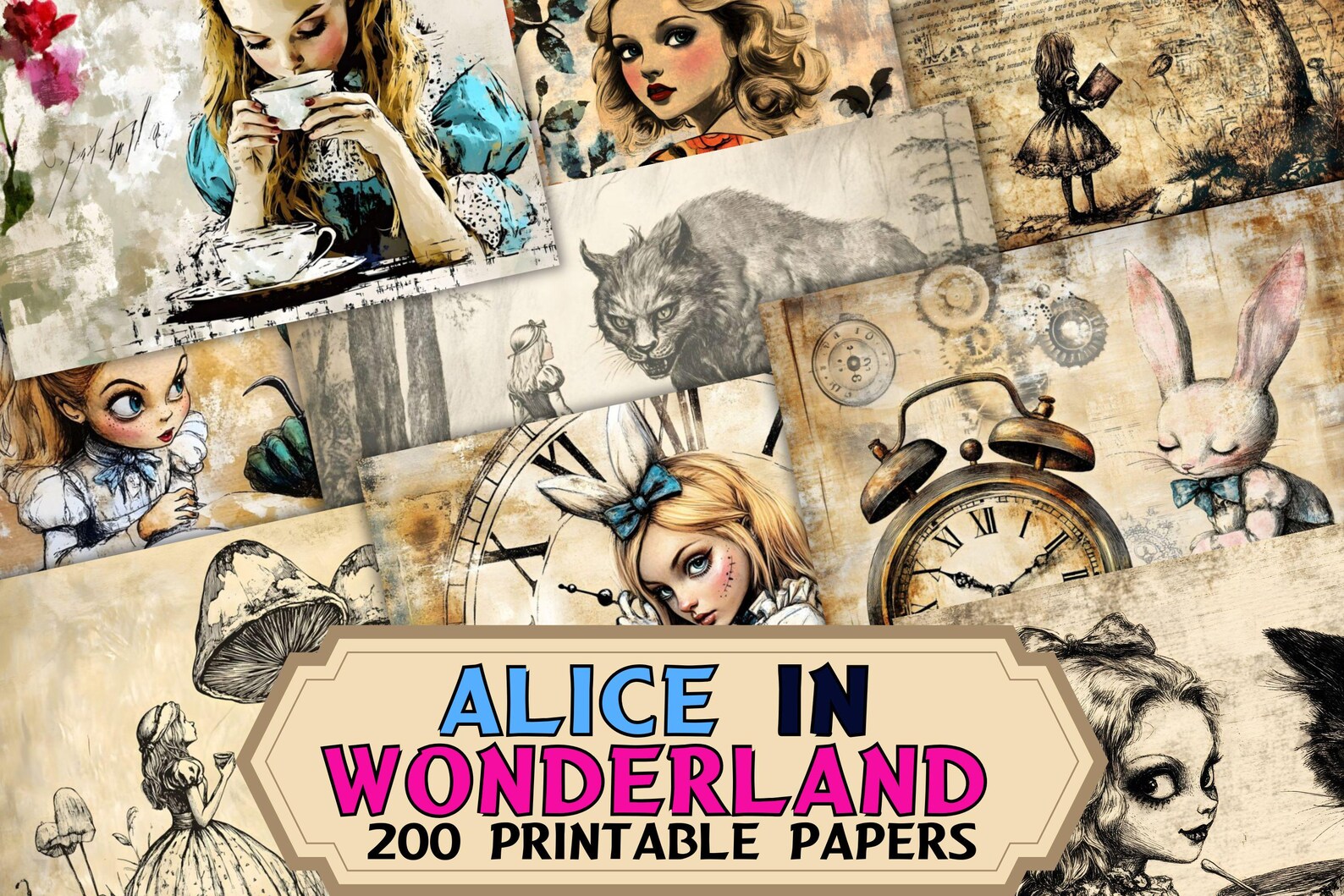 Vintage Alice Wonderland Junk Journal Pages, Scrapbook Printables ...