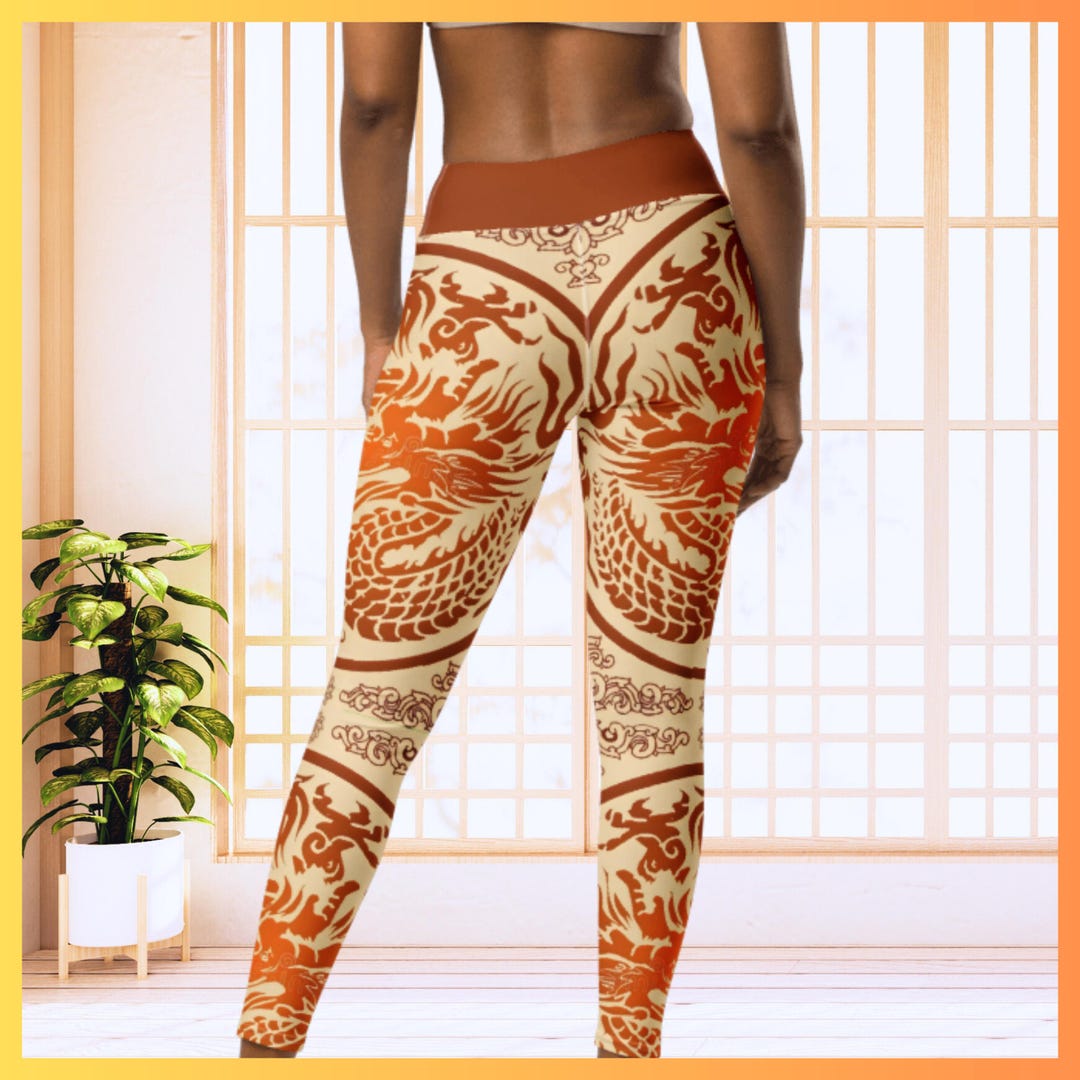 Dragon Tattoo Leggings - Burnt Orange Tan Beige Zodiac Talisman Asian ...