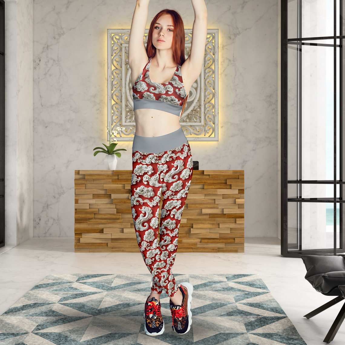 Crimson Sky Leggings Swirly Red White 3D Cloud Print Pattern Elegant Beautiful Vibrant Cute ...
