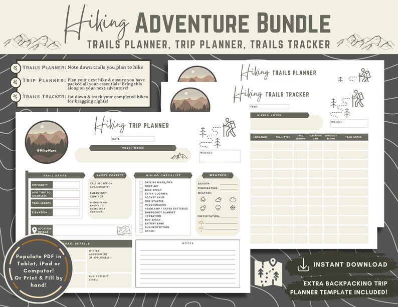 Digital Hiking Adventure Planner & Tracker Bundle - Hiking Planner ...