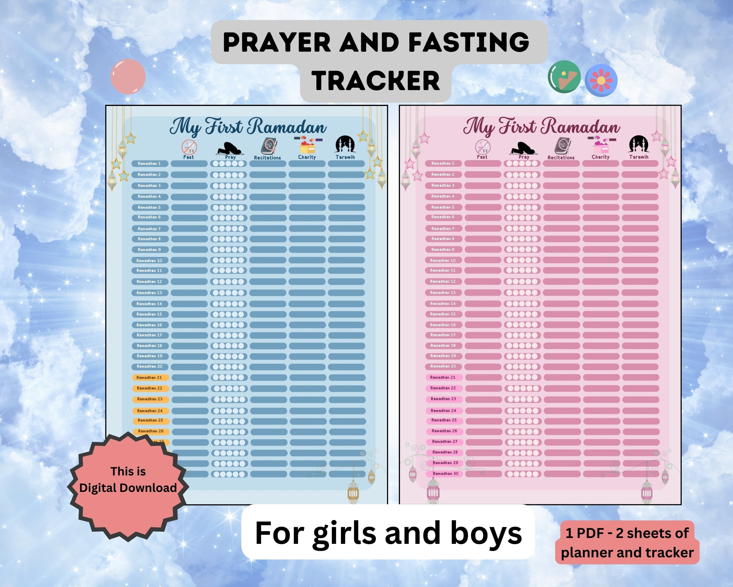 Ramadan Chart Fasting Prayer Tracker Girl Boys Fasting Progress Kids ...