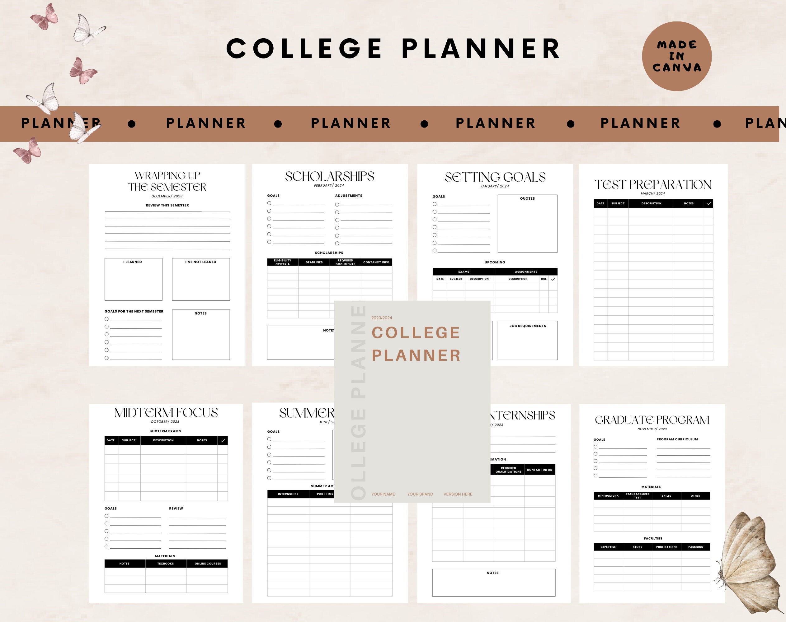 EDITABLE College Student Planner Grey, Schoolplanner Canva Template ...