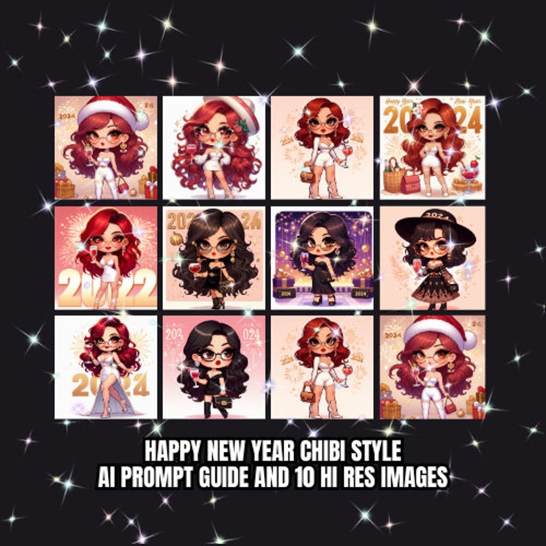 Happy New Year Chibi Cute Digital Downloads AI Prompt Guide Chat GPT ...
