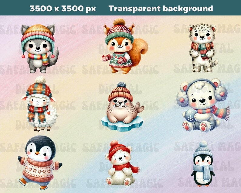Cute Winter Animal Clipart Bundle PNG Kawaii Cute Animals in Winter ...