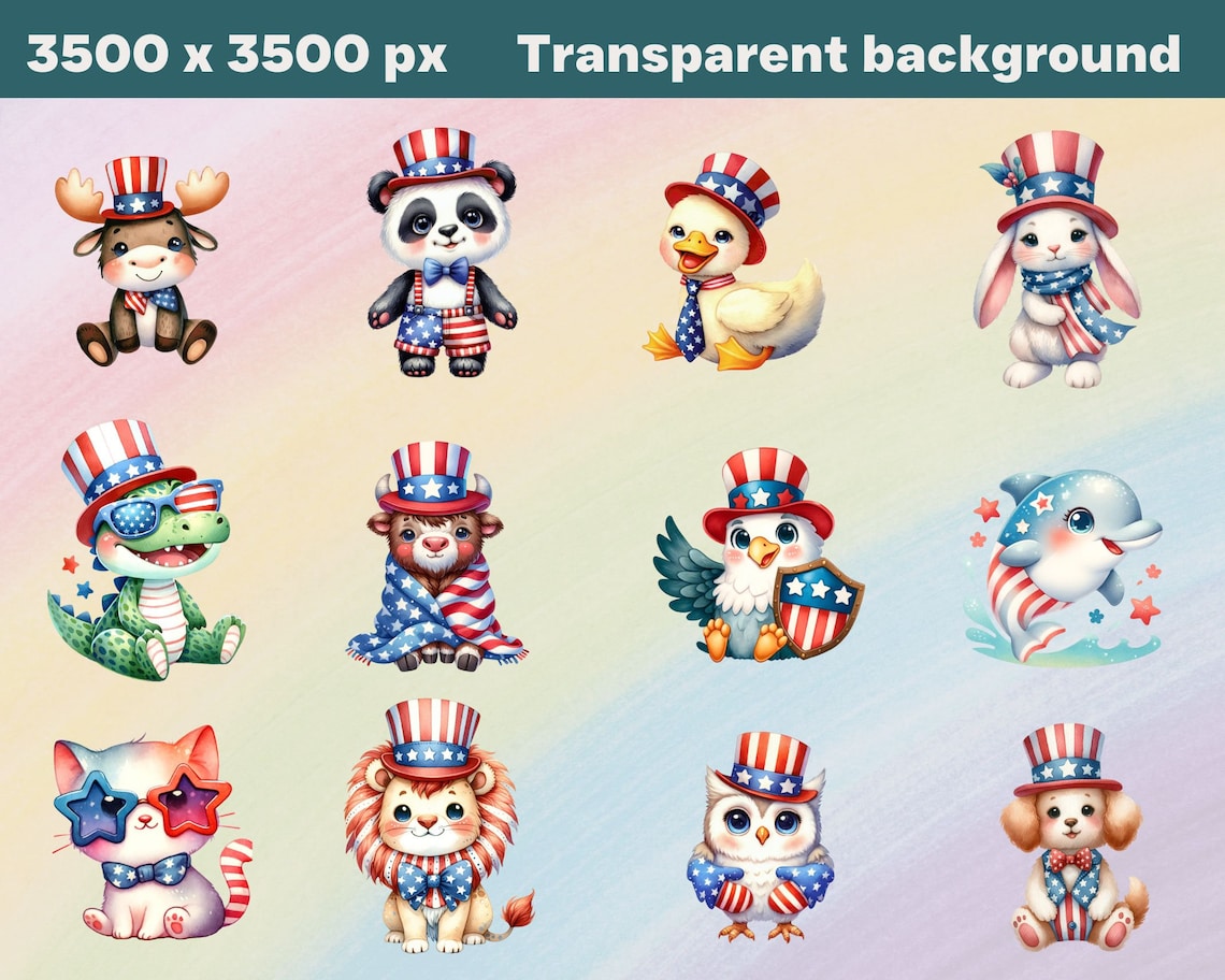 4th of July PNG, Cute Animals Clipart, Watercolor Clipart, Woodland ...