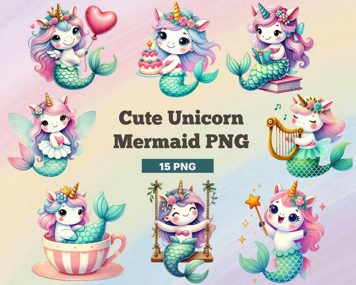 Cute Unicorn Mermaid PNG Watercolor Mermicorn Clipart Nursery Decor ...