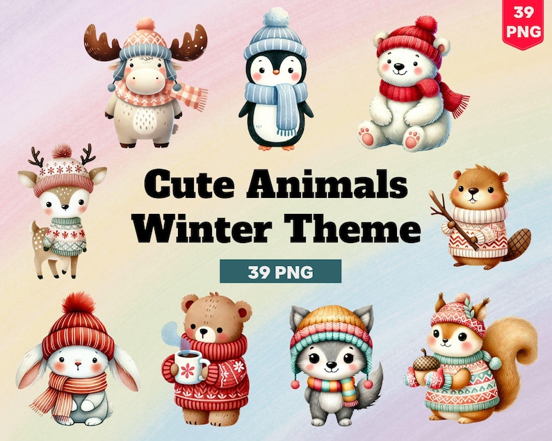 Cute Winter Animal Clipart Bundle PNG Kawaii Cute Animals in Winter ...