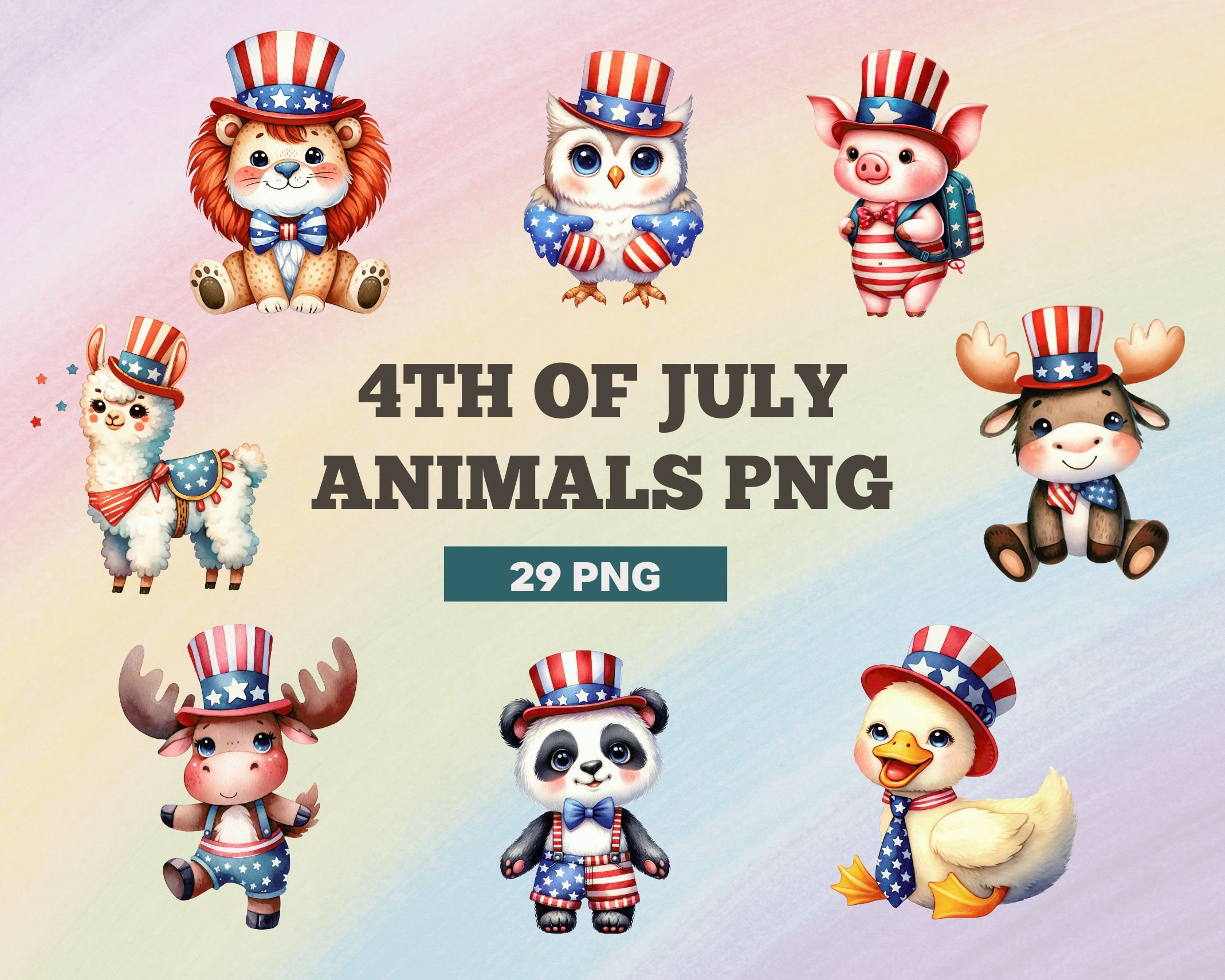 4th of July PNG, Cute Animals Clipart, Watercolor Clipart, Woodland ...