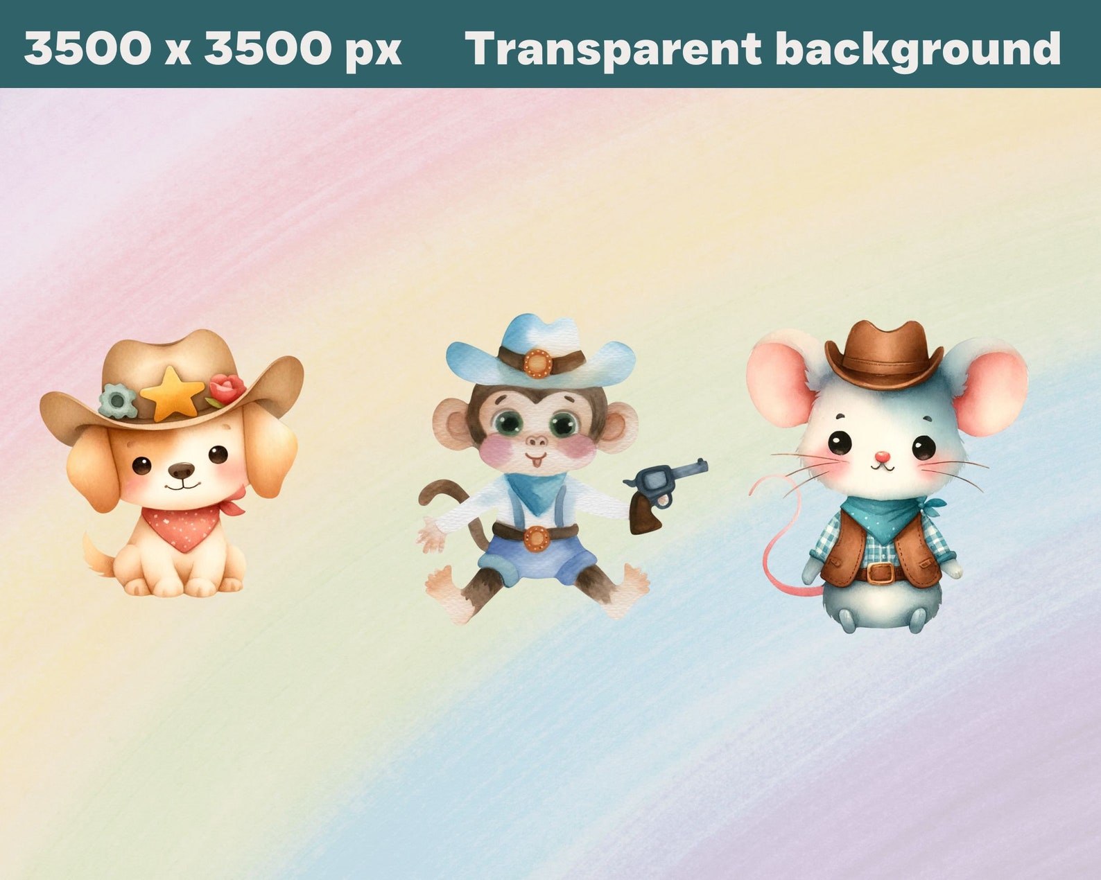 Cowboy Animal Clipart, Cute Cowboy Animal PNG, Watercolor Western ...