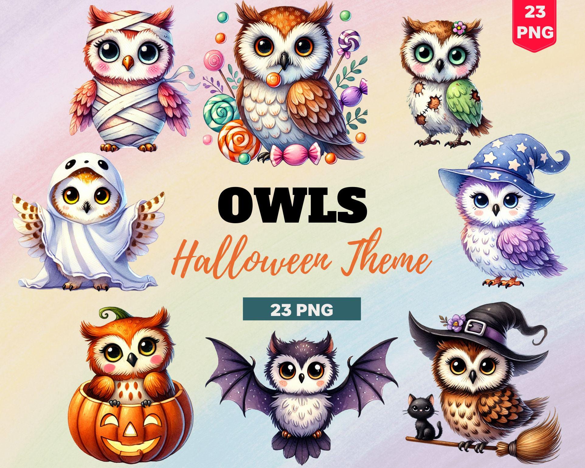 Owl Halloween PNG, Kawaii Cute Owl Halloween Clipart Watercolor, Ghost ...