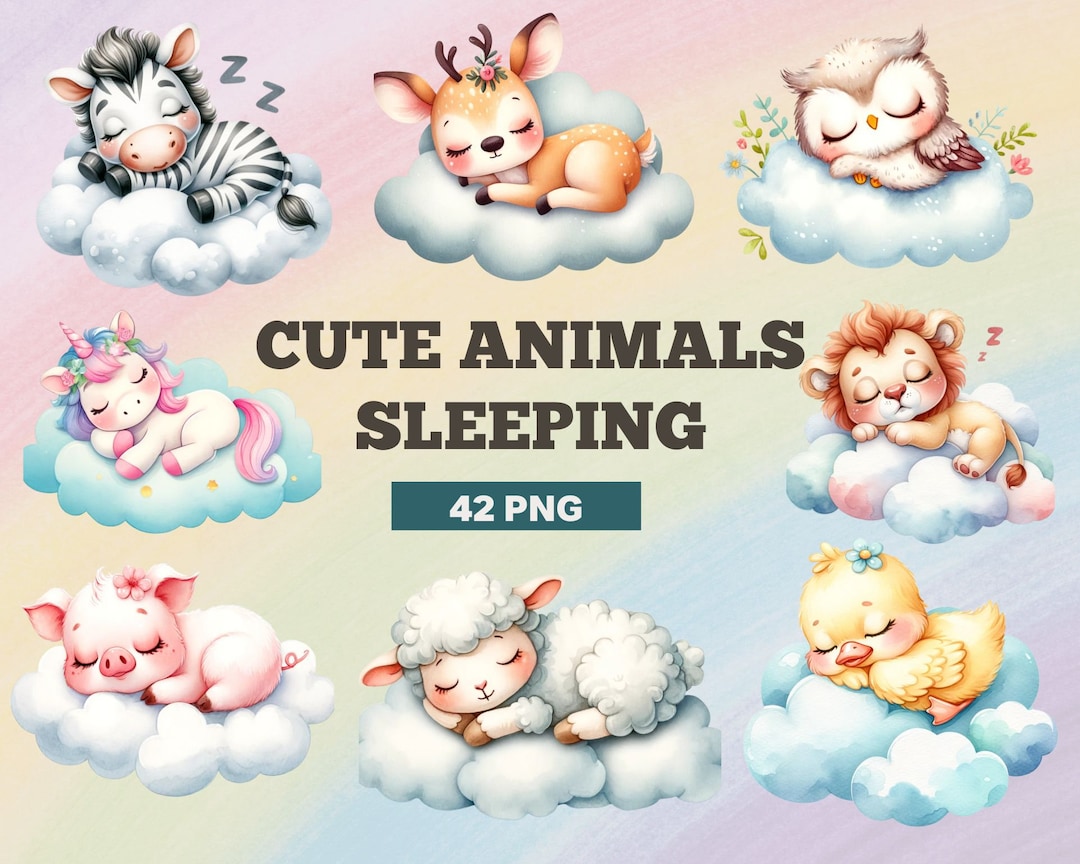42 Sleeping Animals Clipart, Watercolor Newborn Nursery Baby Shower ...