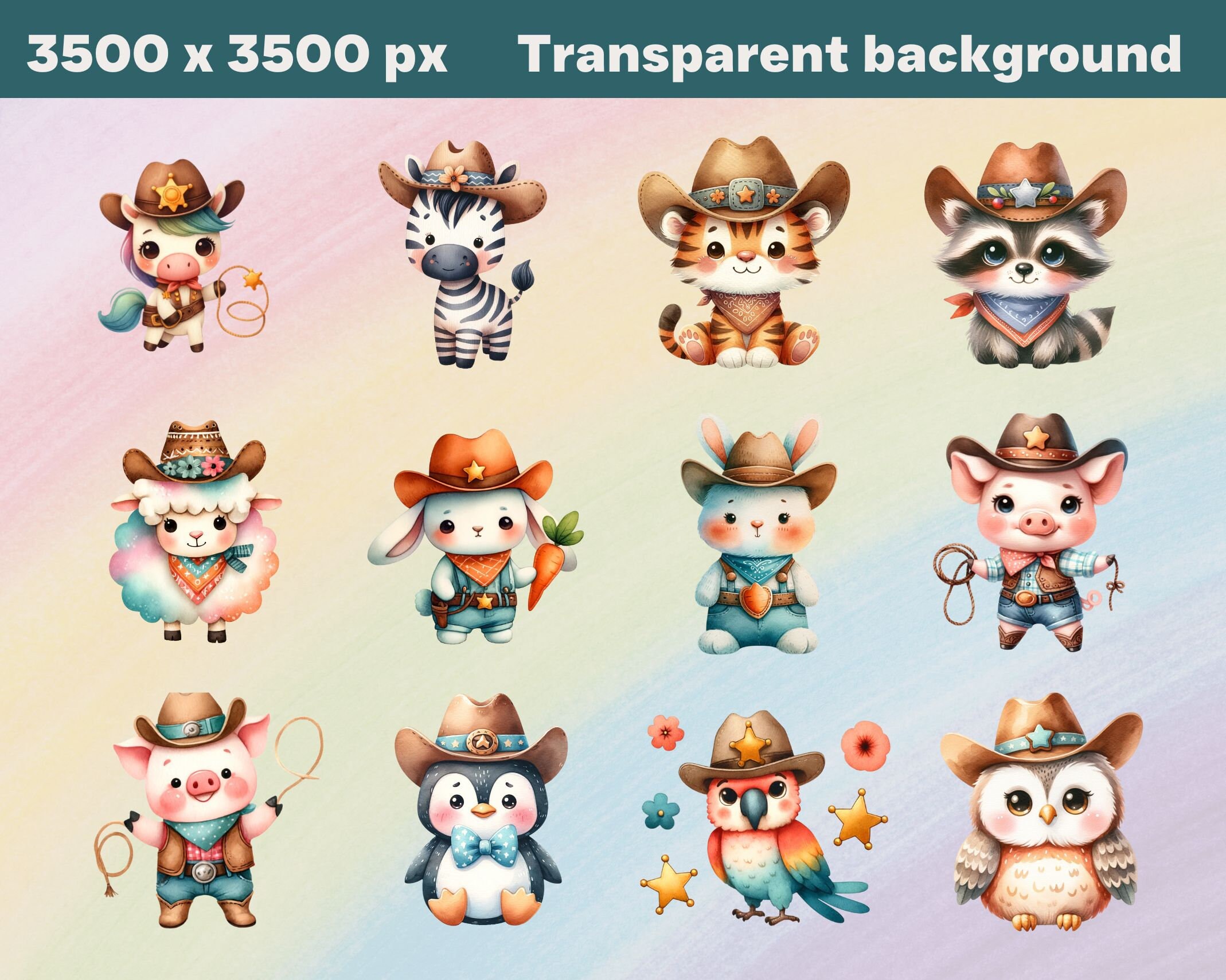 Cowboy Animal Clipart, Cute Cowboy Animal PNG, Watercolor Western ...