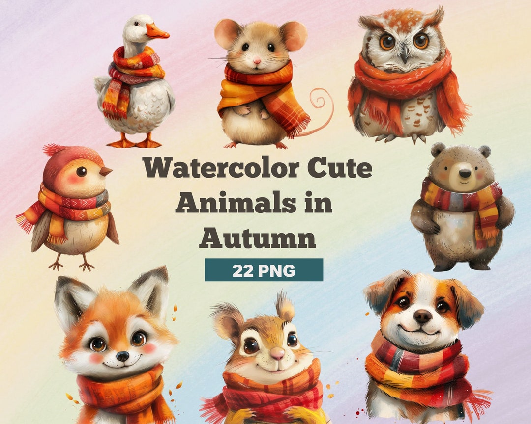 Watercolor Animals PNG Cute Woodland Animals in Autumn Clipart Png Fall ...