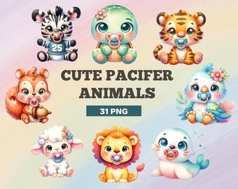 Pacifier Animals Clipart, Watercolor Cute Boy Newborn Nursery, Kawaii ...