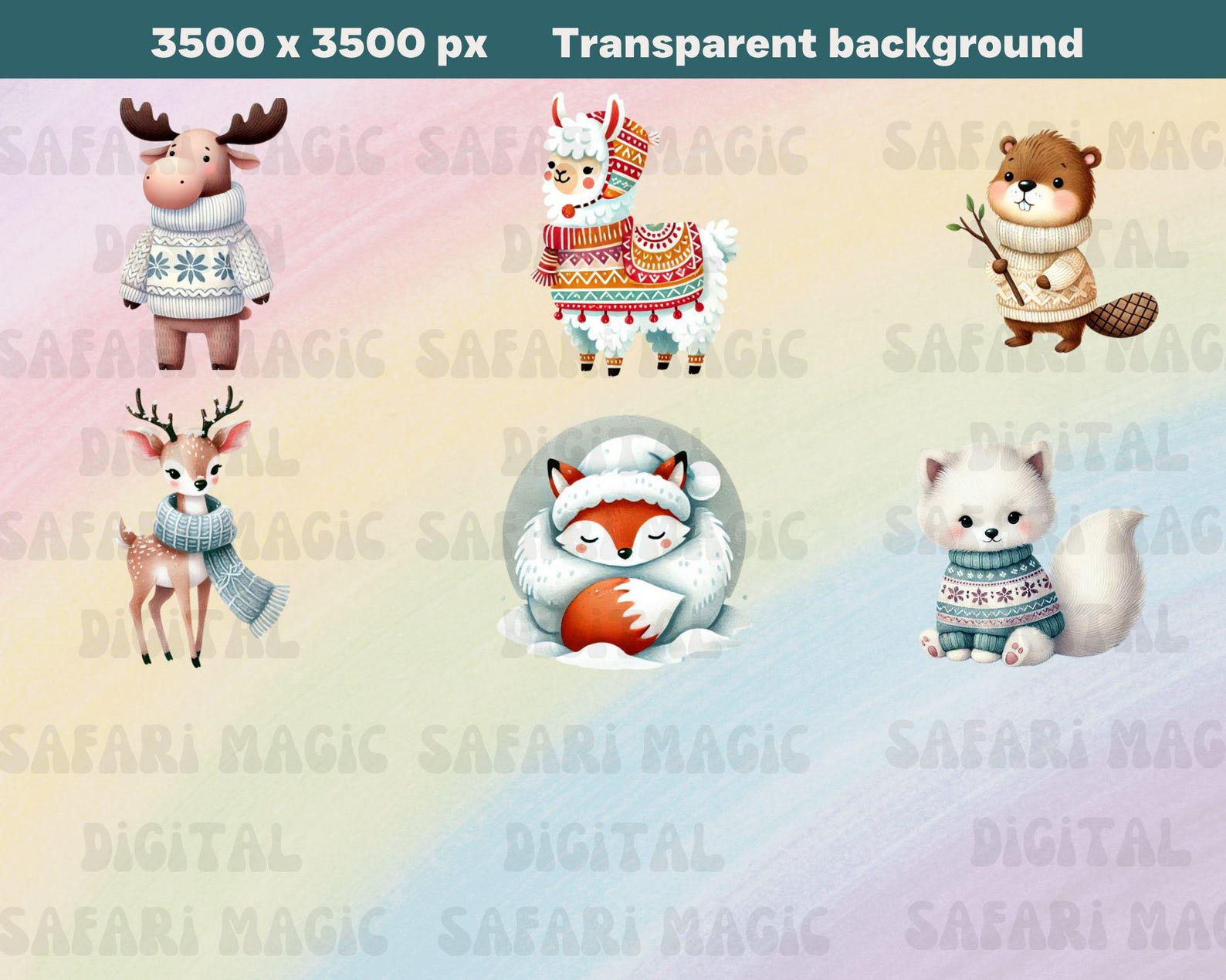 Cute Winter Animal Clipart Bundle PNG Kawaii Cute Animals in Winter ...