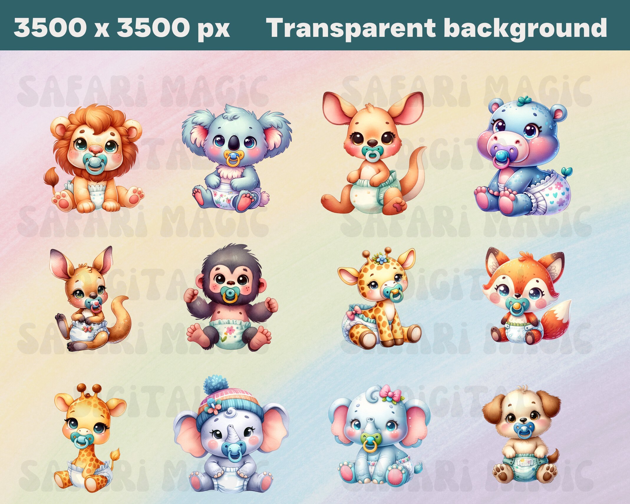 Pacifier Animals Clipart, Watercolor Cute Boy Newborn Nursery, Kawaii ...