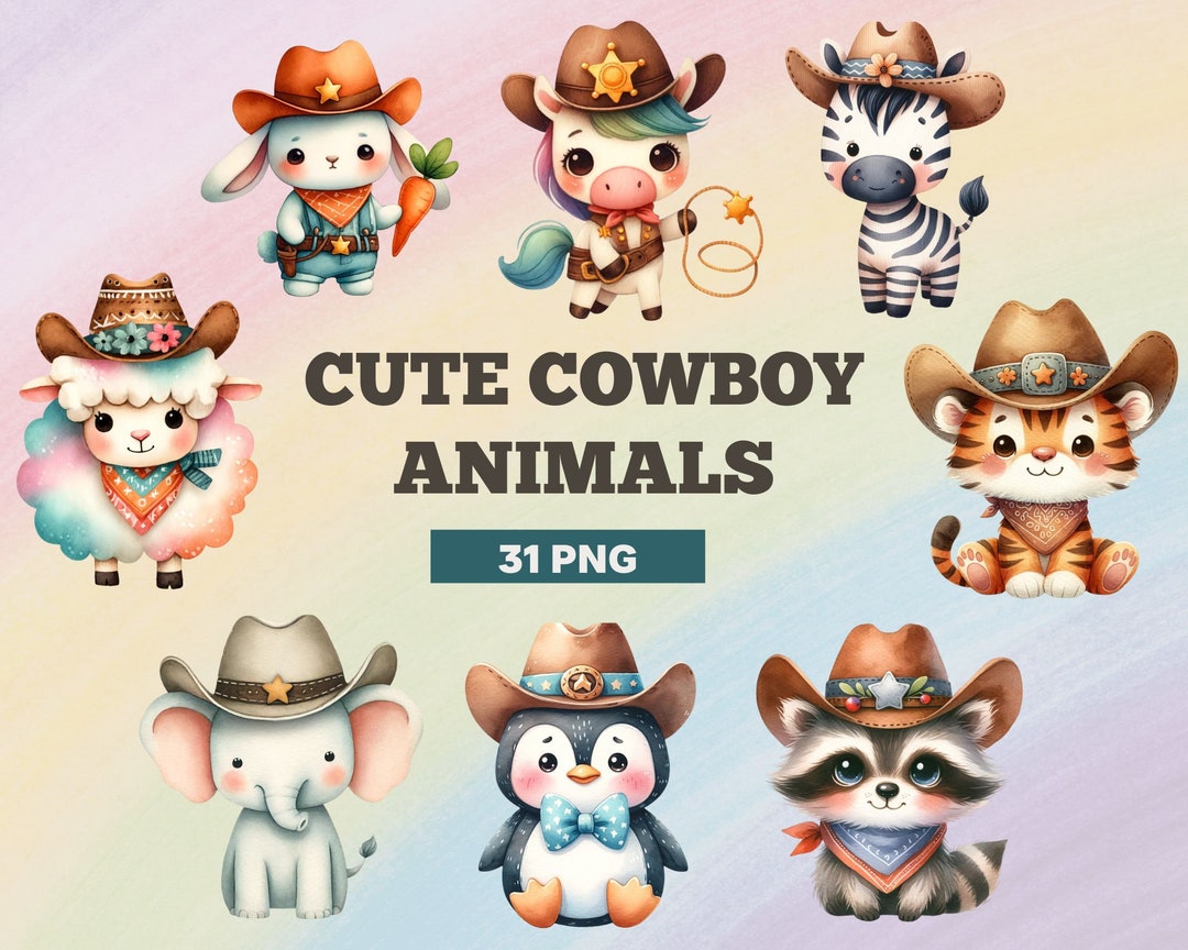Cowboy Animal Clipart, Cute Cowboy Animal PNG, Watercolor Western ...